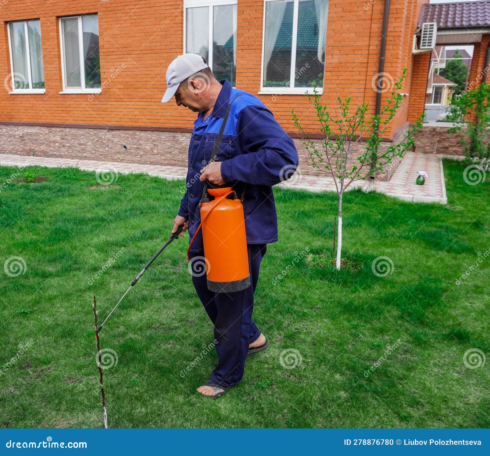 A Man Works in the Garden, Spraying Weeds from a Sprayer Stock Photo ...