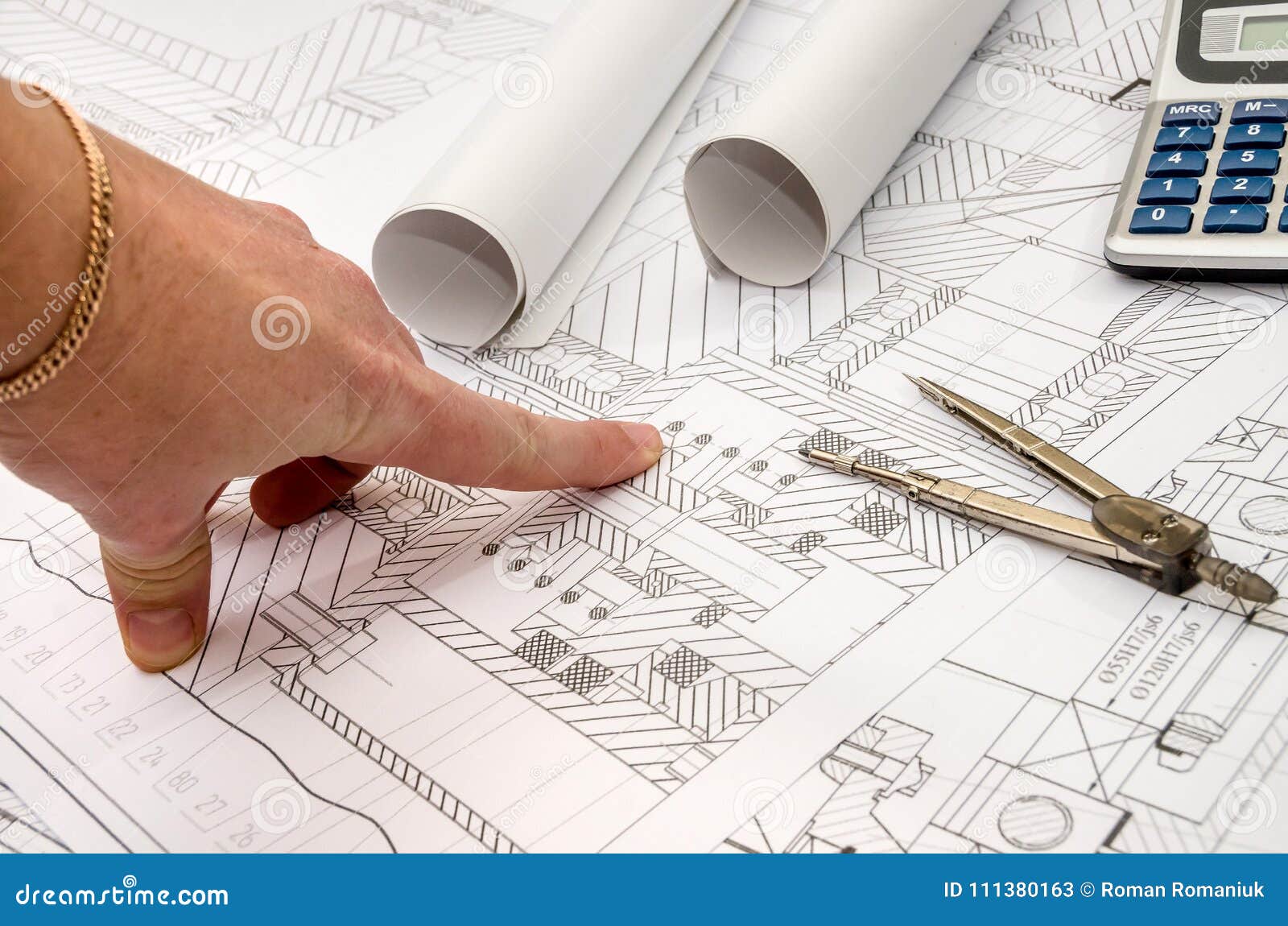 Man Works with the Technical Drawing, Stock Image - Image of business ...