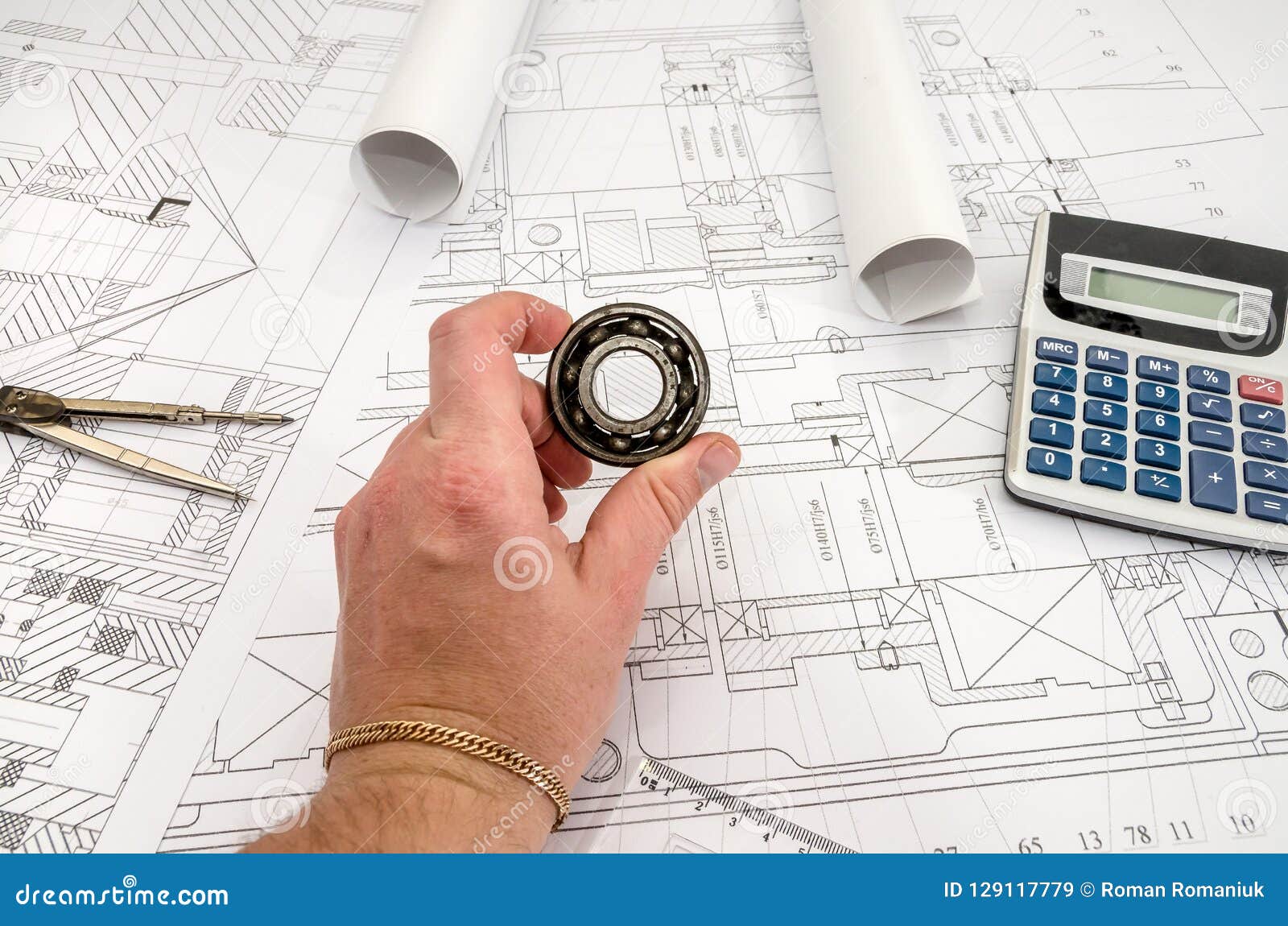 Man Works with the Technical Drawing, Machine Parts Stock Image - Image ...