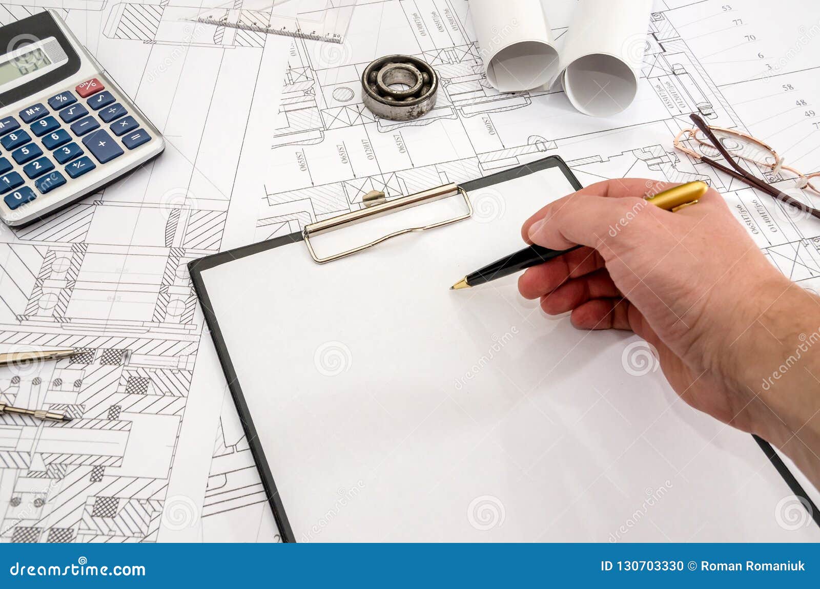 Man Works with the Technical Drawing Stock Photo - Image of paper ...