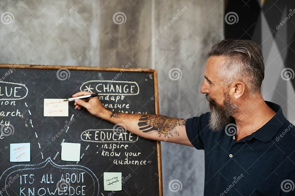 Man, Workshop and Chalk Board in Office for Training, Teaching and Learning for Skill or Career ...