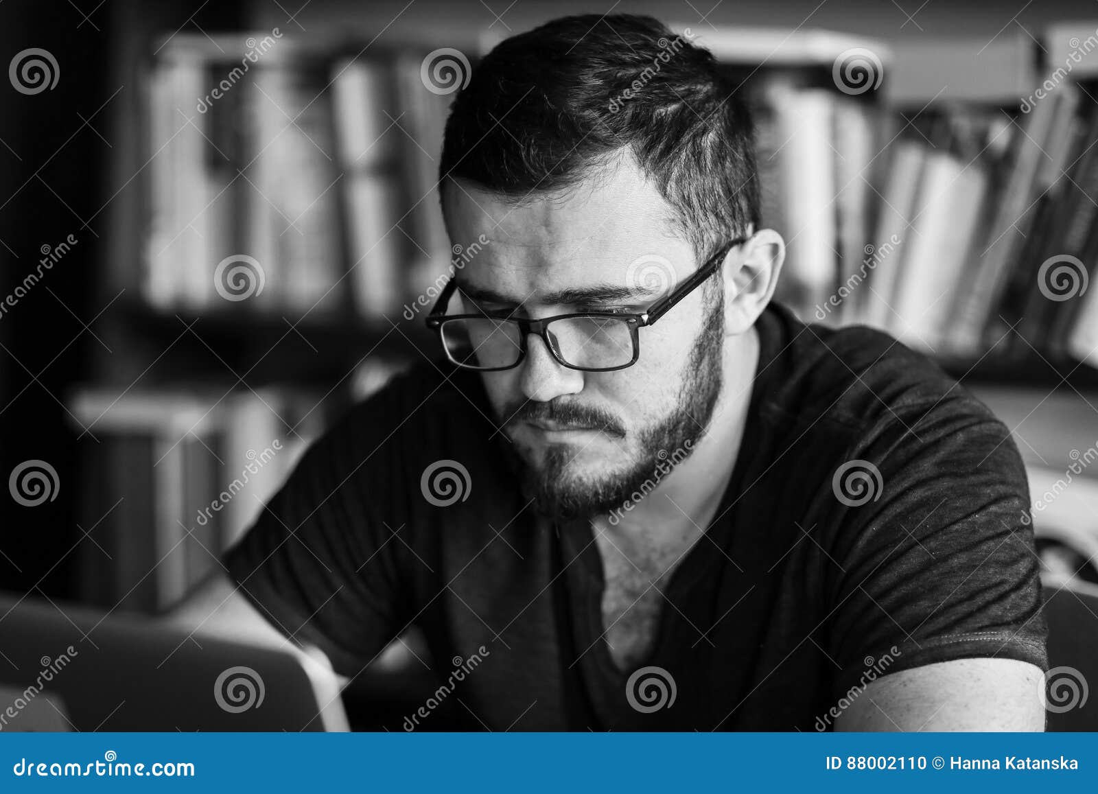 Man Worn Glasses. Software Engineer is Sitting and Working Stock Photo ...