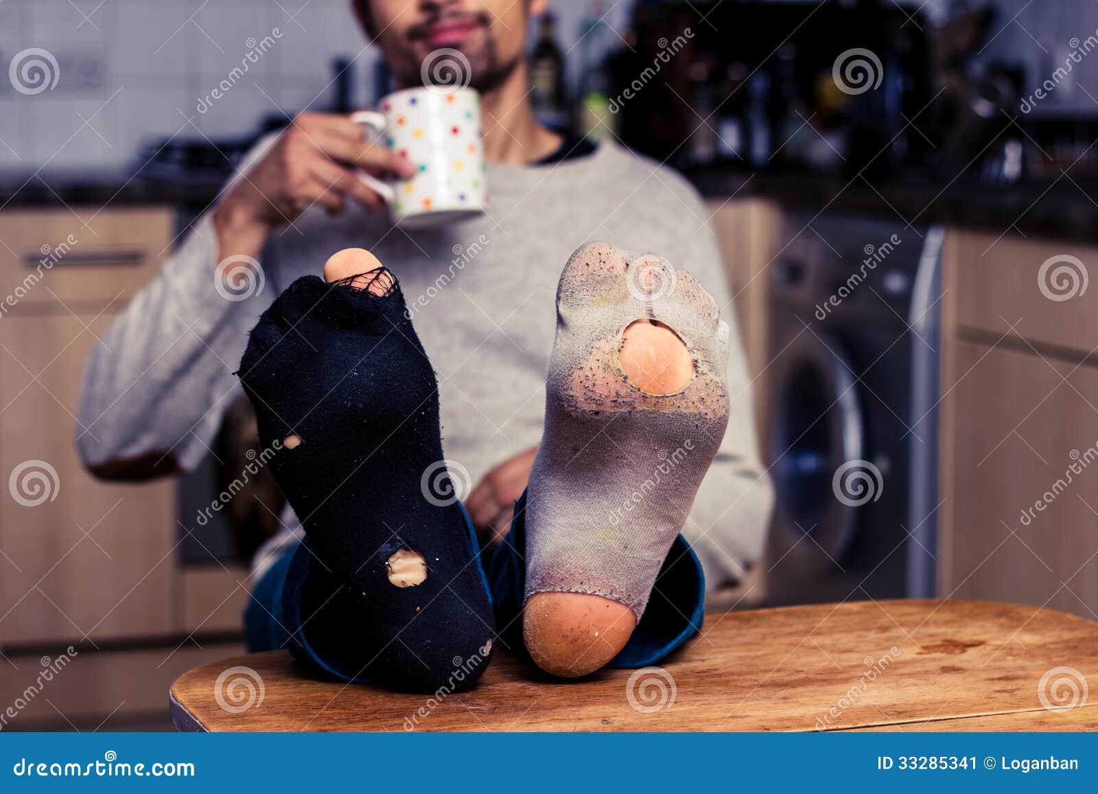 Man with Worn Out Socks Having Coffee in Kitchen Stock Image - Image of ...