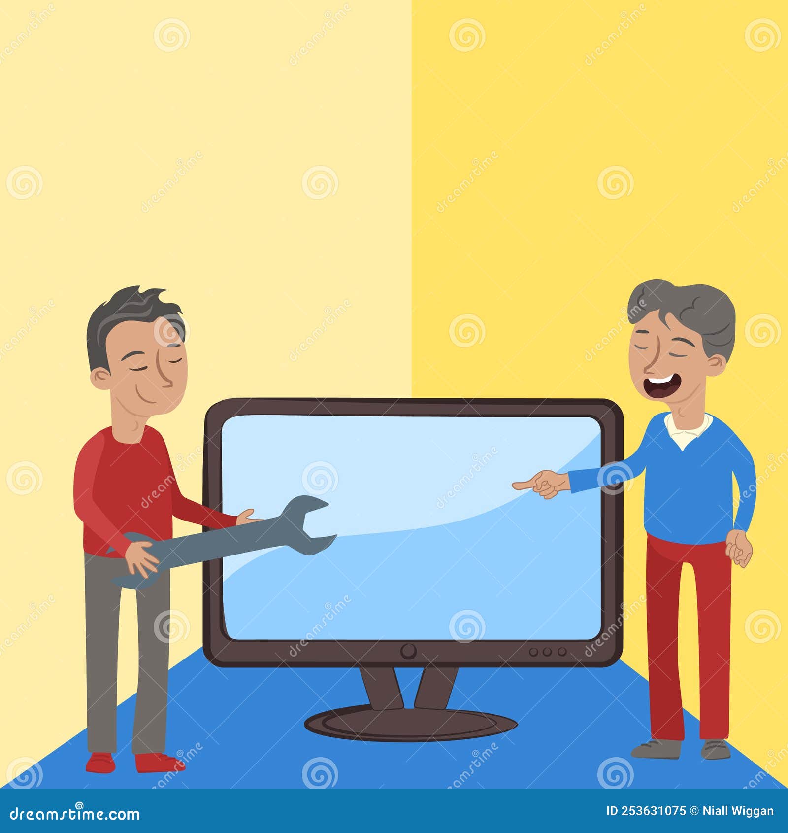 Man Pointing on Tv Screen. Man with Wrench Finding Issues with Device ...
