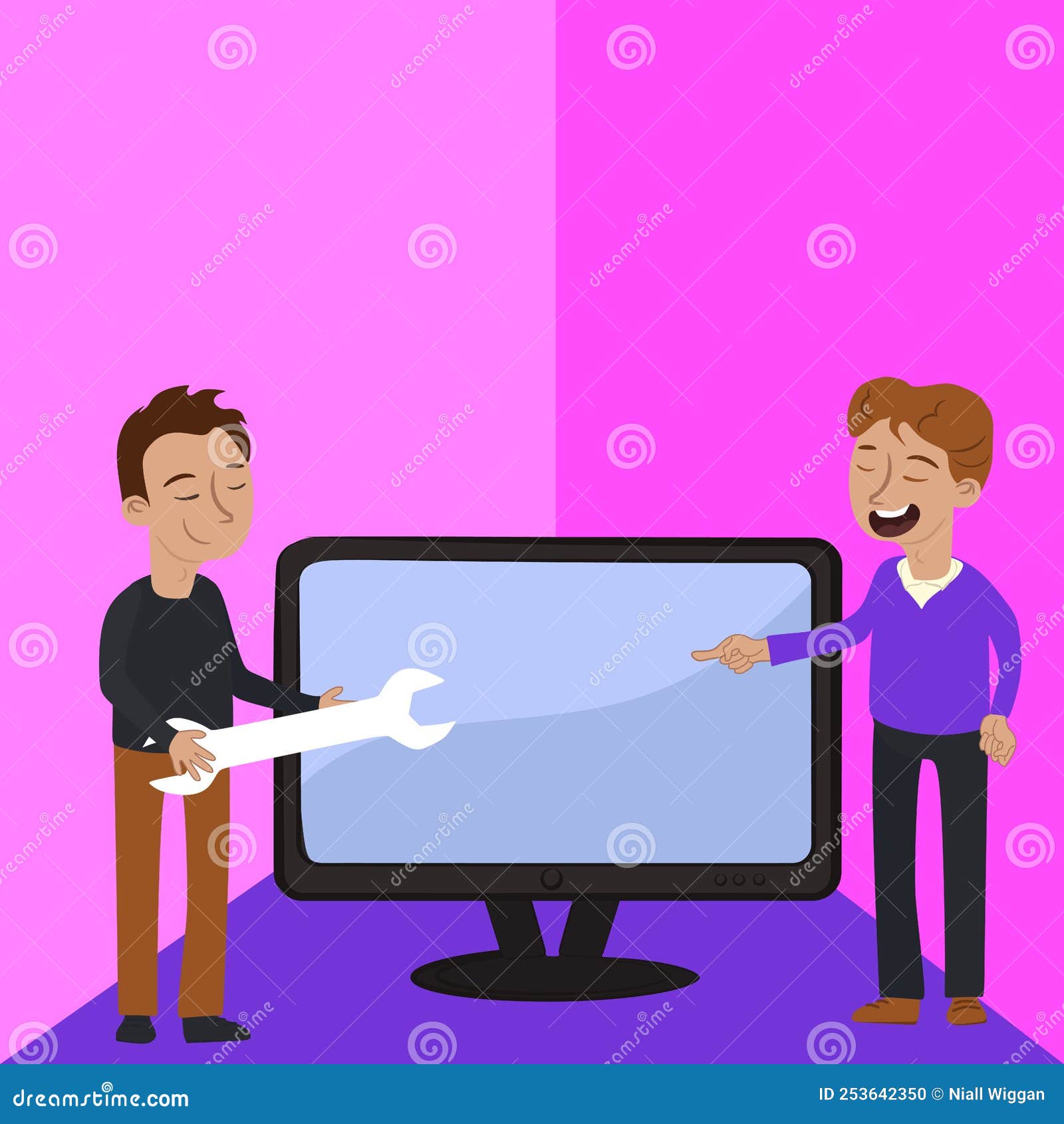 Man Pointing on Tv Screen. Man with Wrench Finding Issues with Device ...