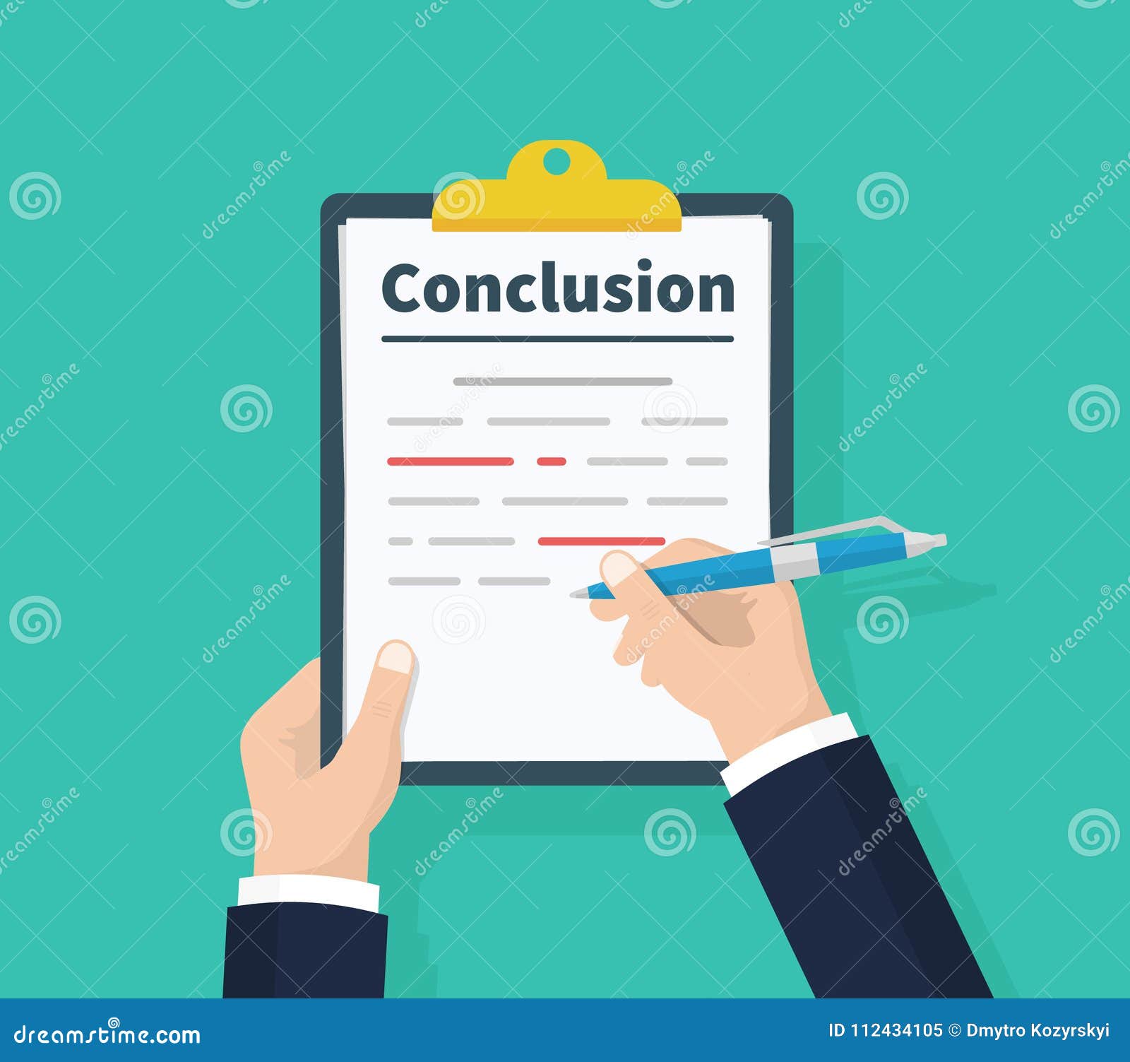 Man Writes Conclusion, Report Concept. Holding the Clipboard and Pen in ...