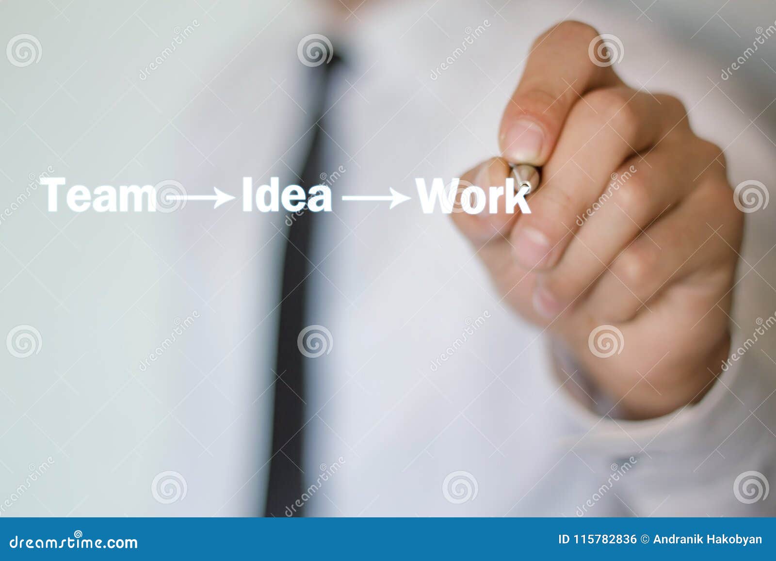 Man Writes Team Idea and Work Words on Screen. Stock Photo - Image of ...