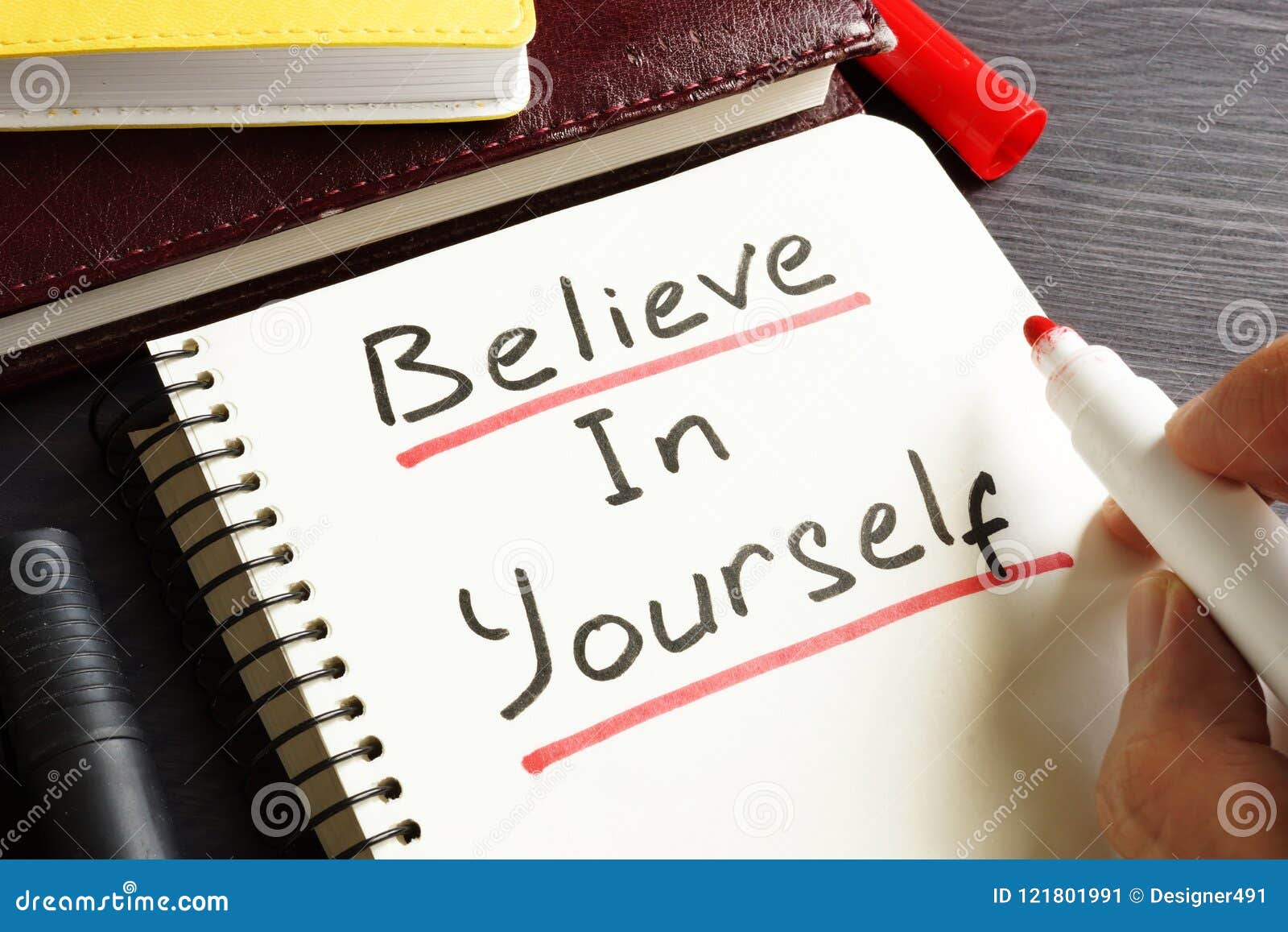 Man is Writing Believe in Yourself in a Note. Stock Image - Image of ...