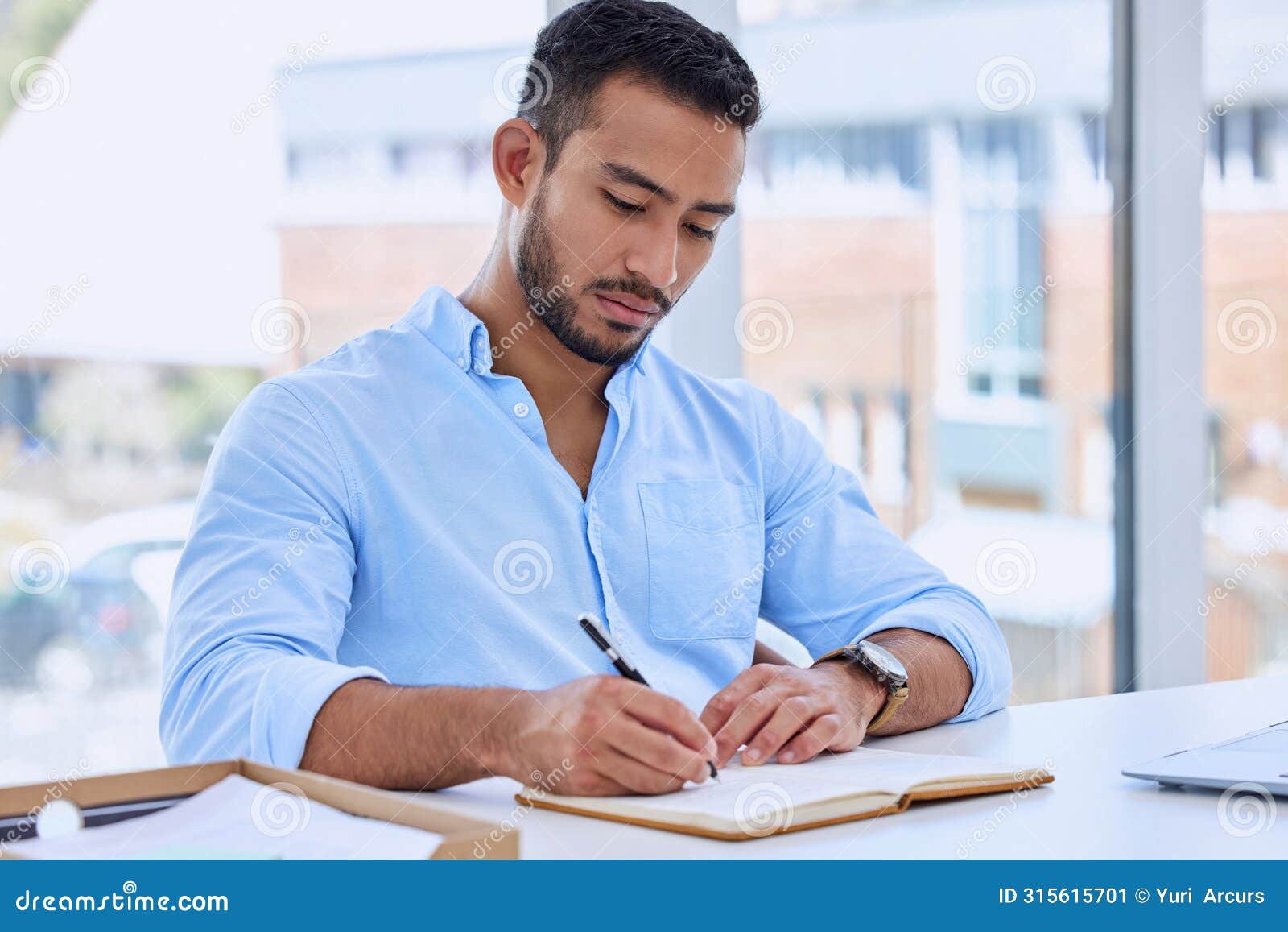 Man, Writing and Book for Ideas at Startup with Notes, Schedule or ...
