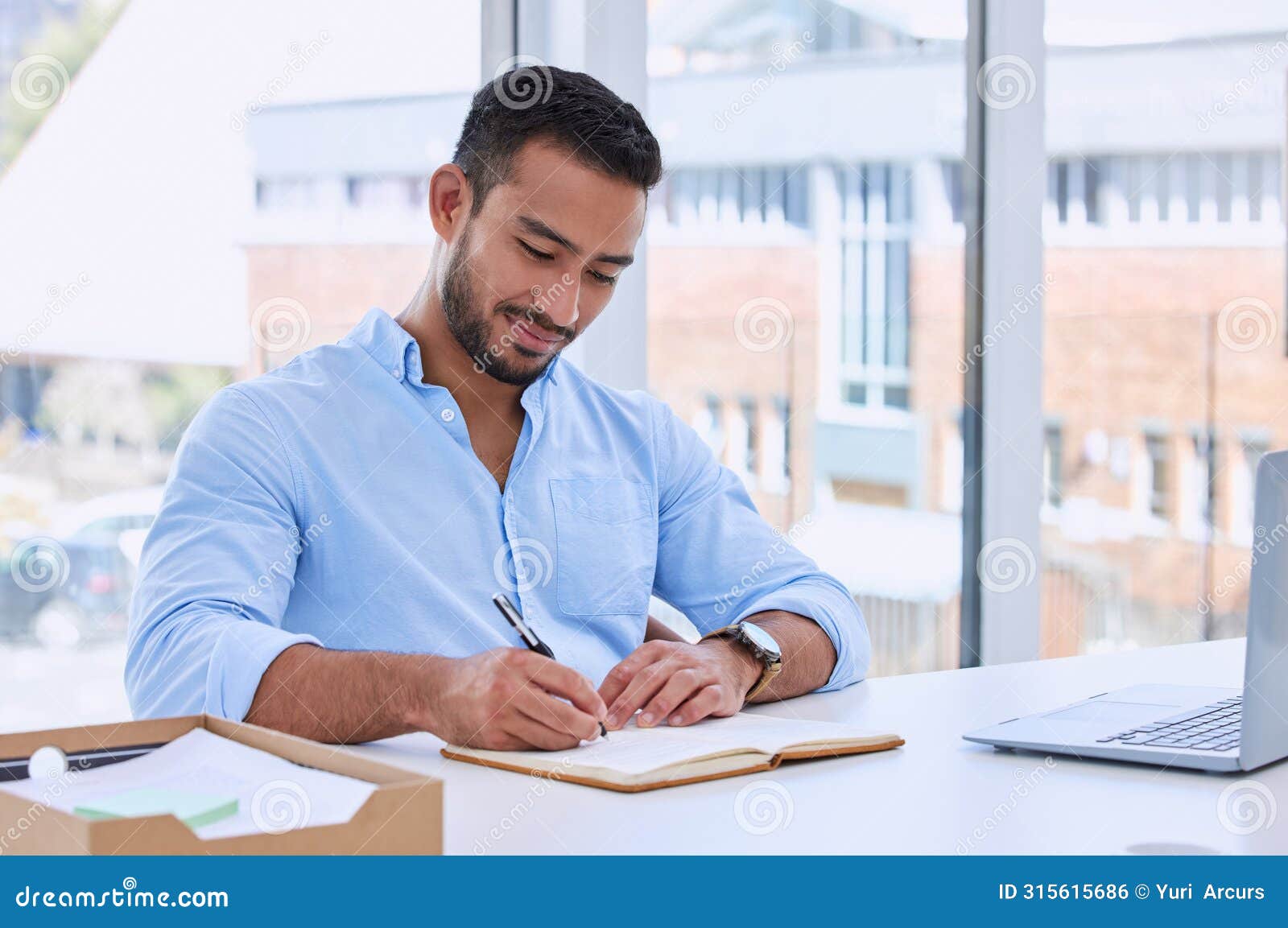 Man, Writing and Book with Thinking at Startup with Notes, Schedule and ...