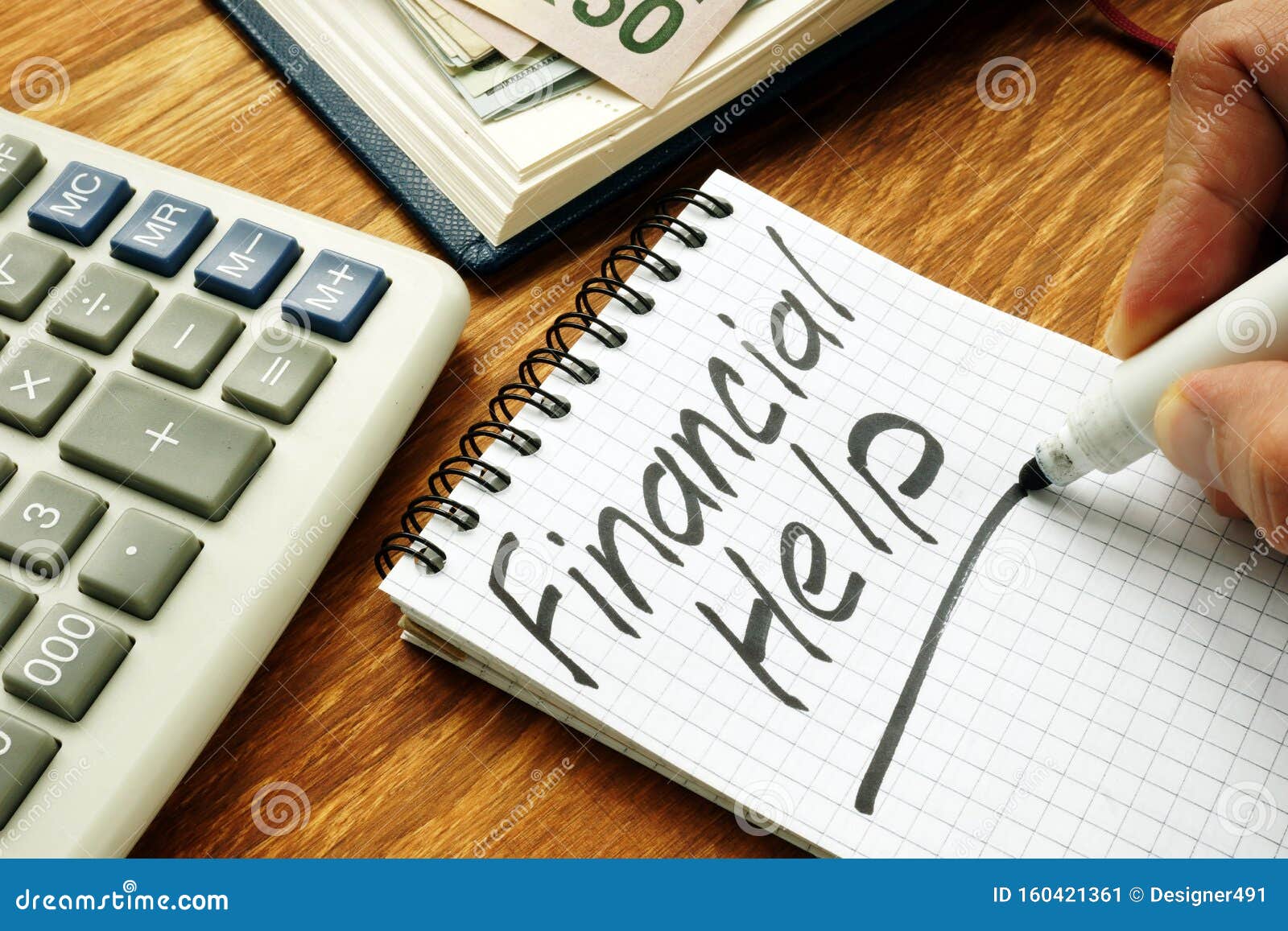 Man is Writing Financial Help Sign by Marker Stock Image - Image of ...