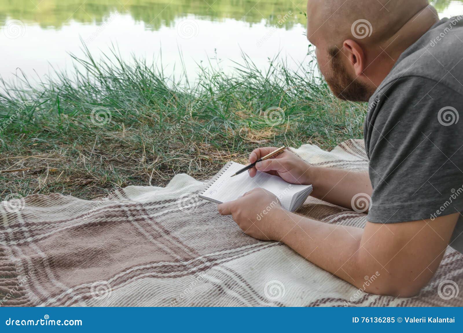 Man Writing in His Notebook in Forest. Stock Image - Image of human ...