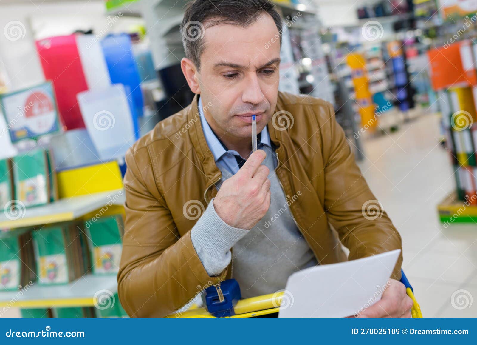 Man Writing in Notepad in Aisle at Supermarket Stock Image - Image of ...