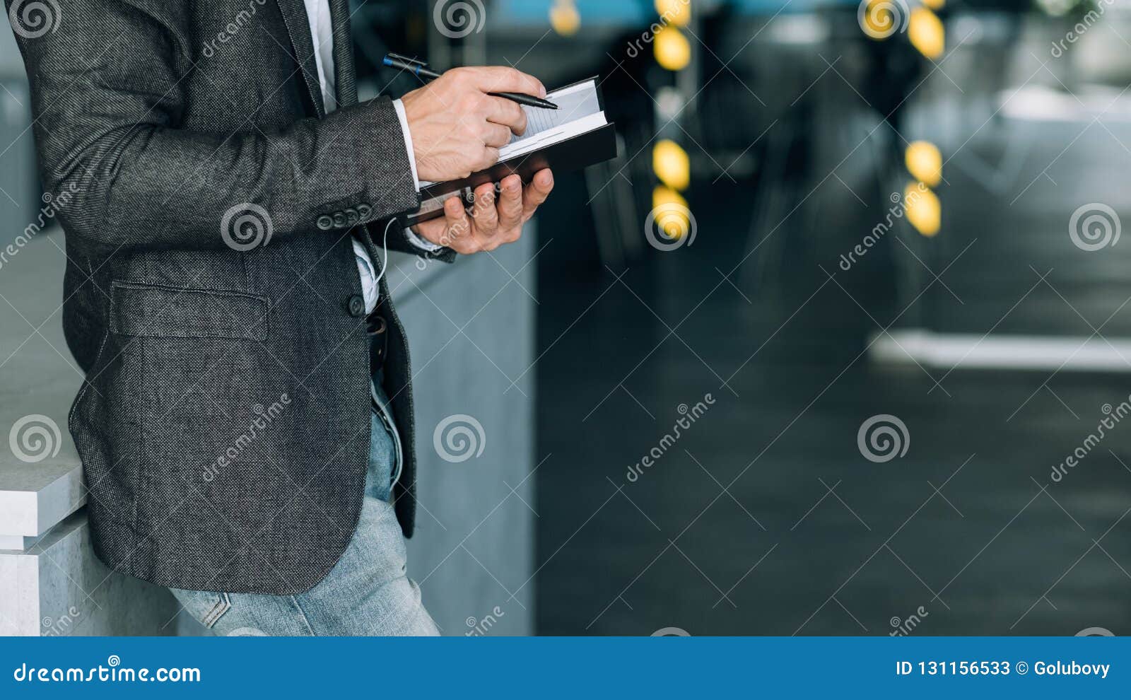 Man Writing Info Notebook Records Data Analysis Stock Image - Image of ...