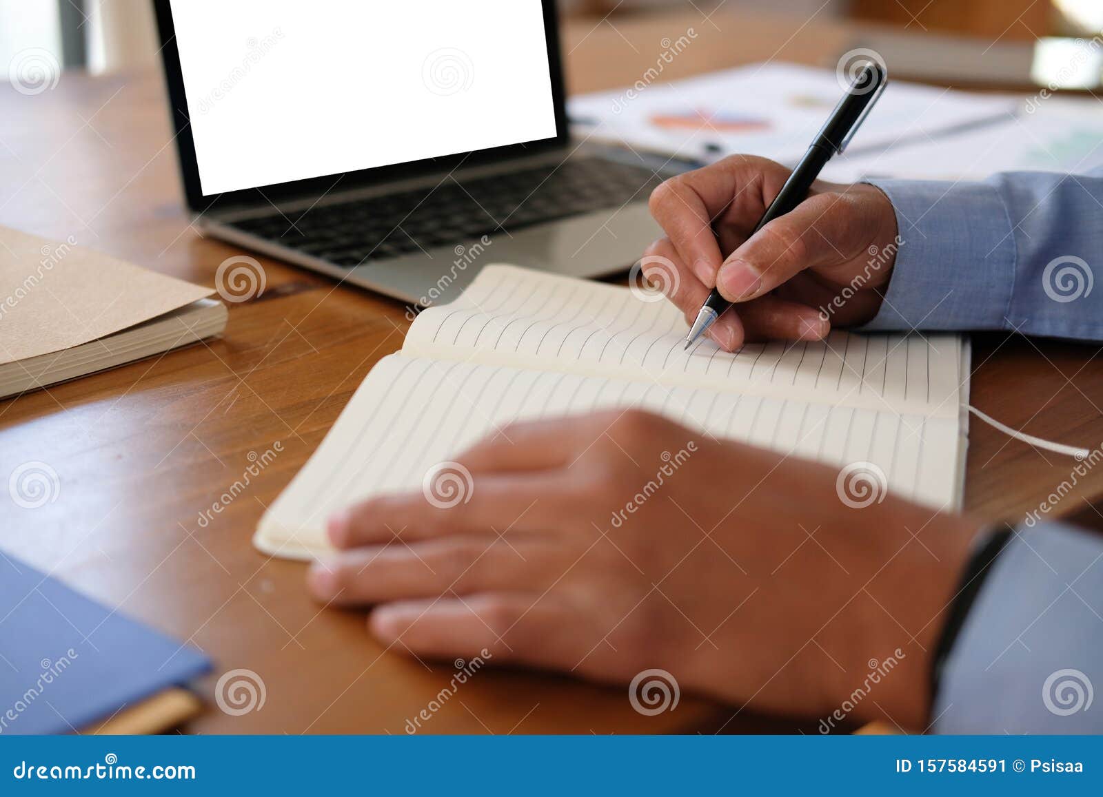 Man Writing Note on Notebook. Businessman Working Organizing Plan at ...
