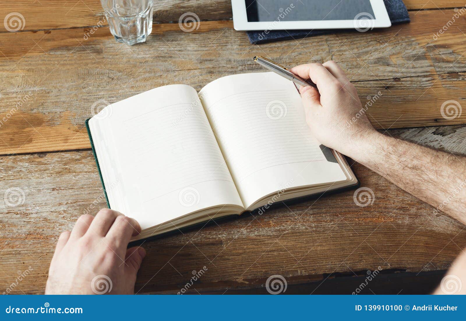 Man Writing Notepads Sitting Table Home Stock Photo - Image of ...