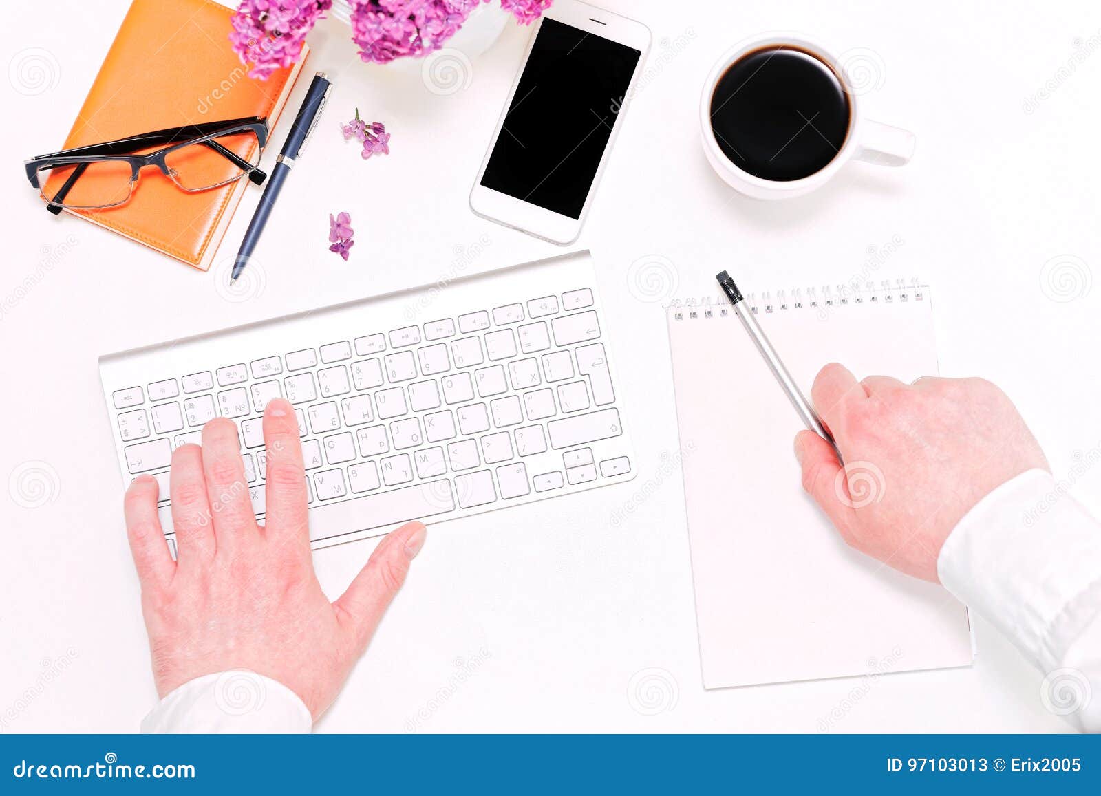 Man Writing Notes Workplace Keyboard Phone Coffee Notebook Glass Stock ...