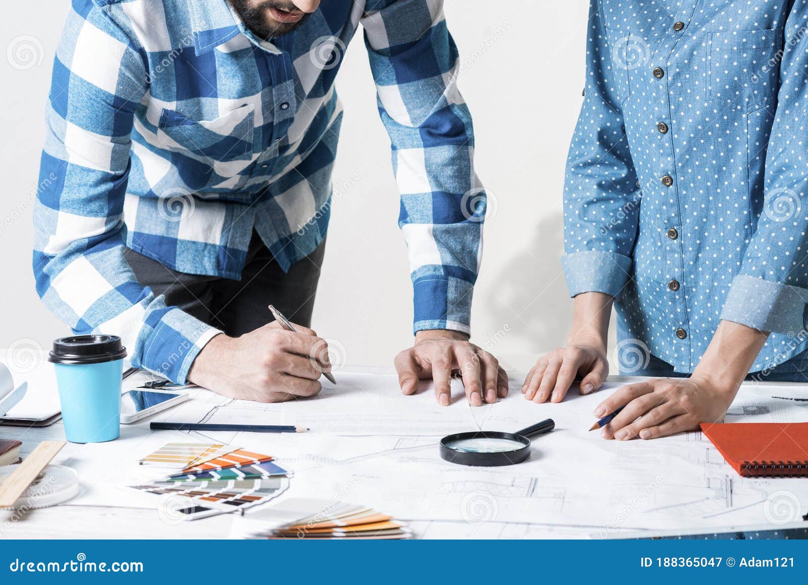 Man Writing with Pen on Technical Drawing Stock Image - Image of ...