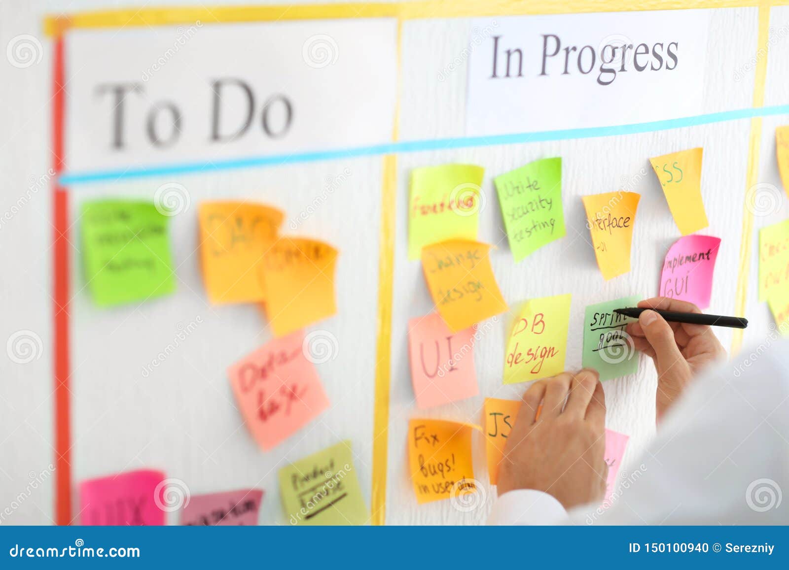 Man Writing on Sticky Note Attached To Scrum Task Board in Office Stock ...