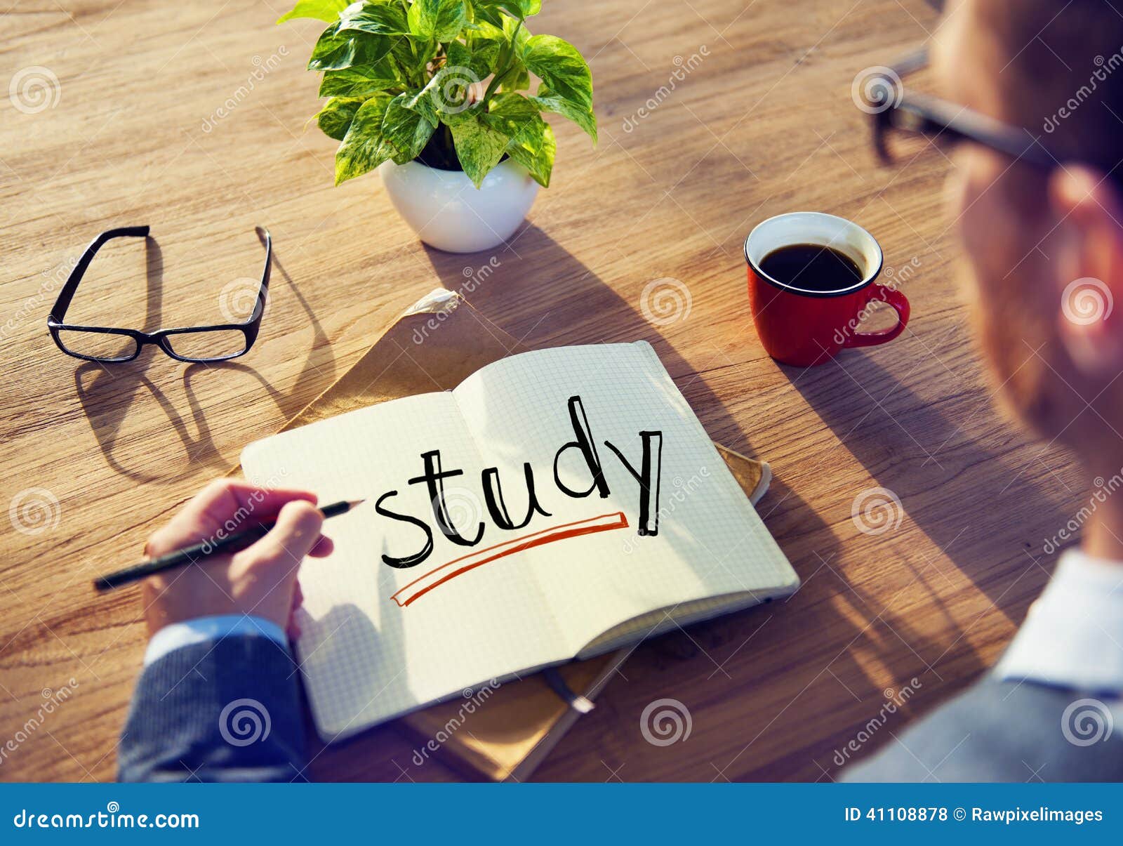 Man Writing the Text Study on His Note Stock Photo - Image of ...