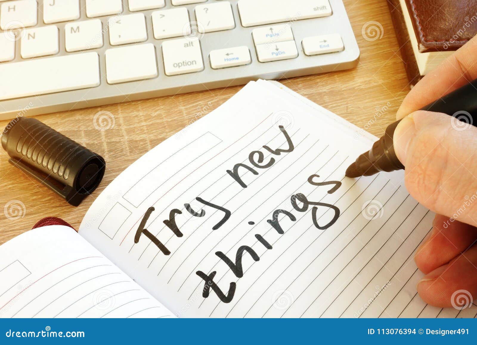 Man Writing: Try New Things in a Note. Stock Photo - Image of work ...