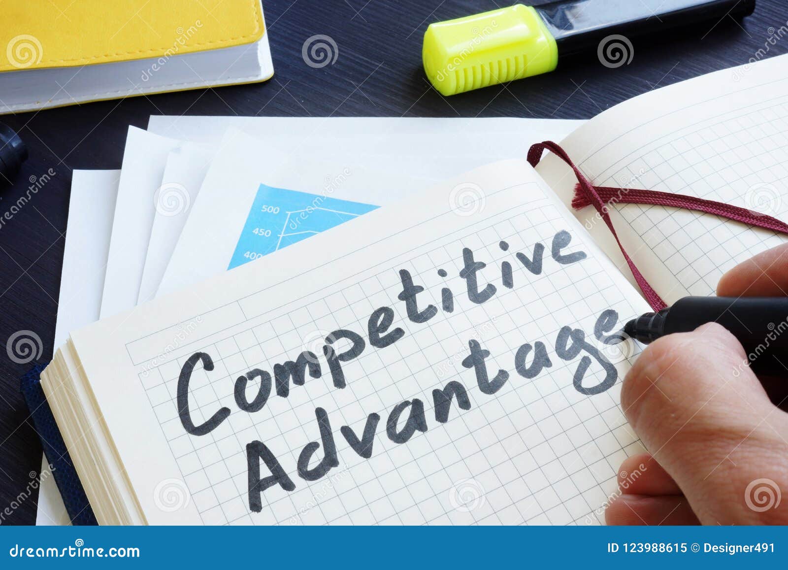 Man is Writing Words Competitive Advantage in the Notepad. Stock Image ...
