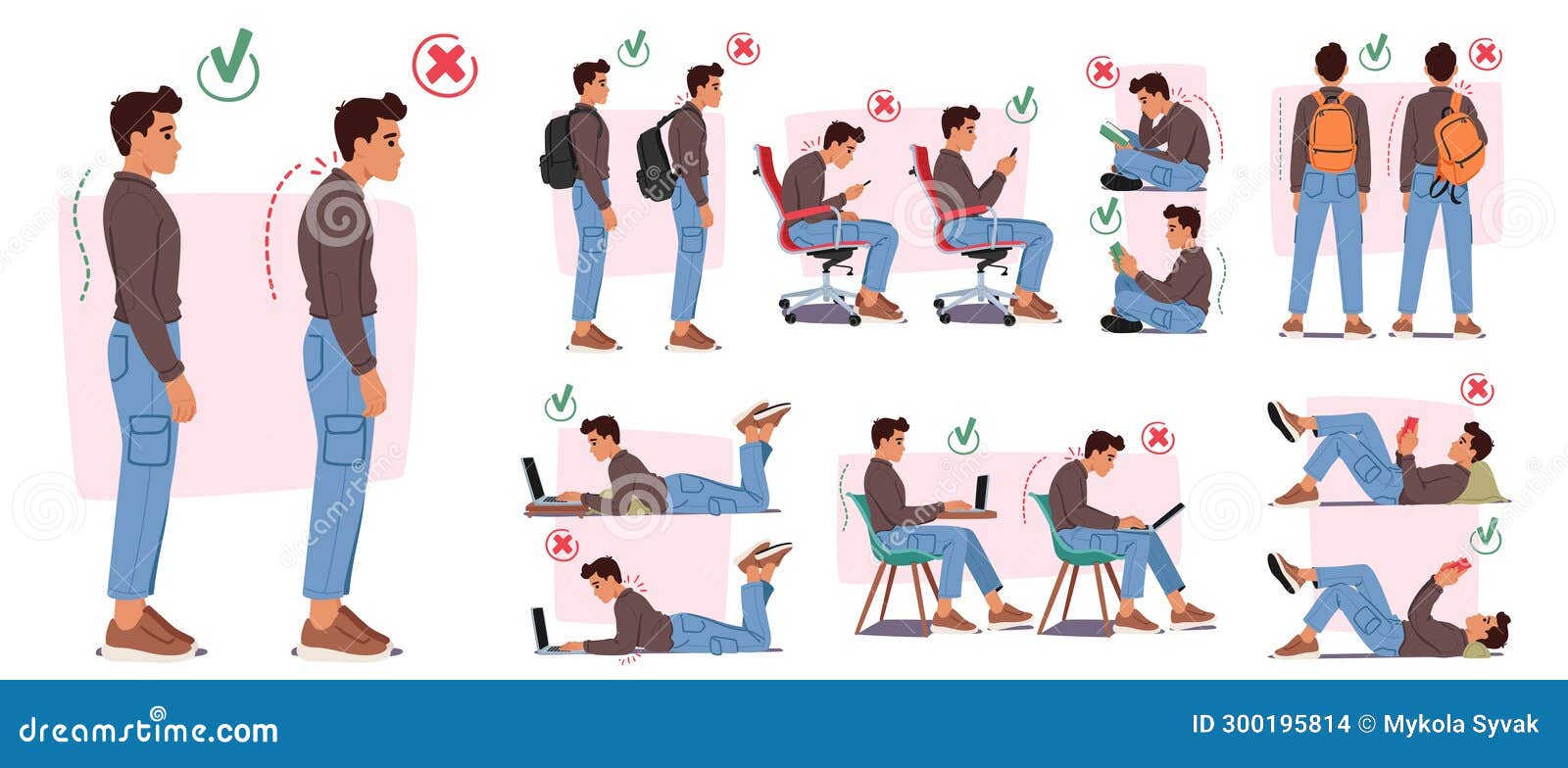 Wrong Body Posture For Reading. Male Character Lying On Pillow With ...