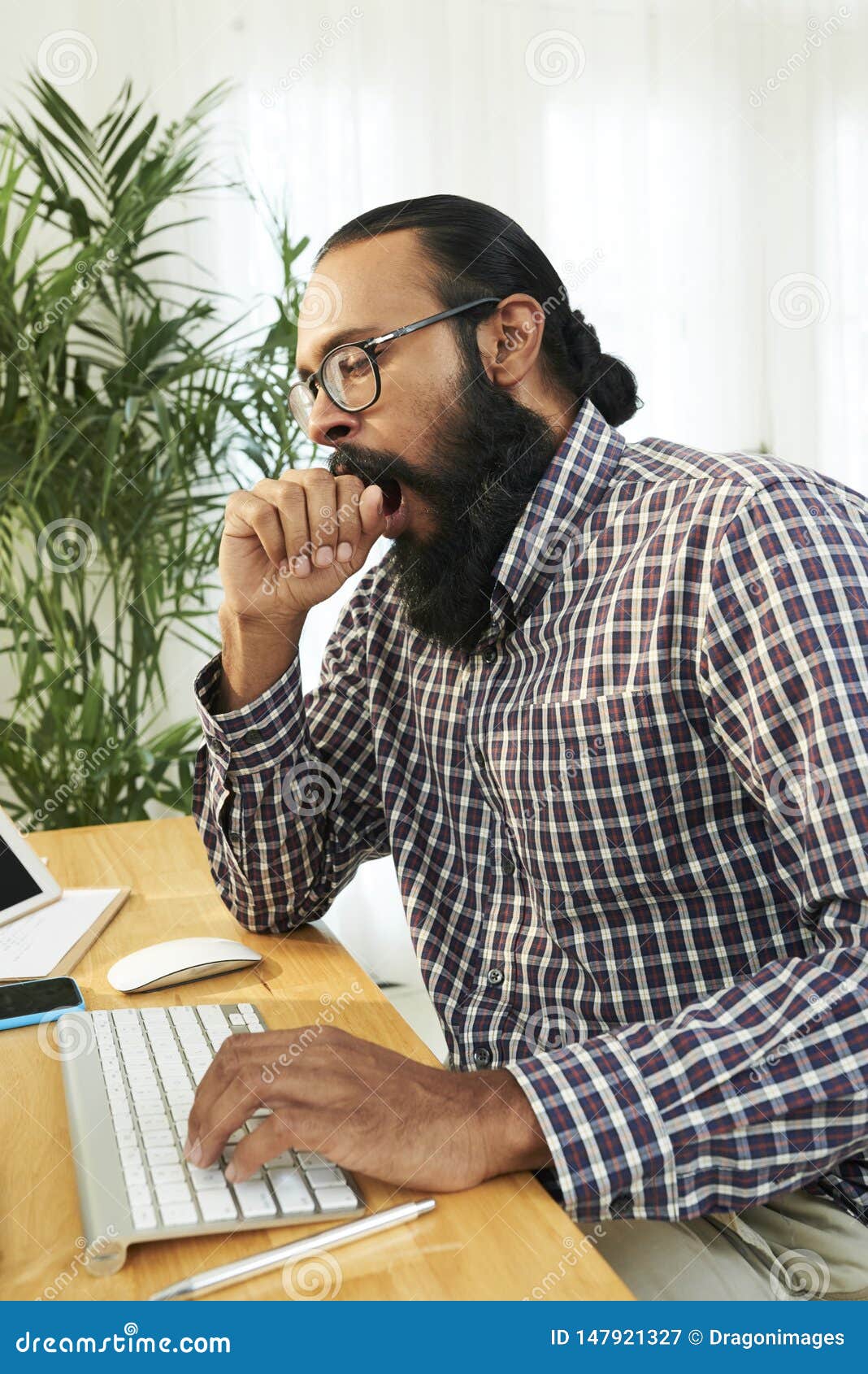 Man Yawning at His Workplace Stock Image - Image of office, tired ...