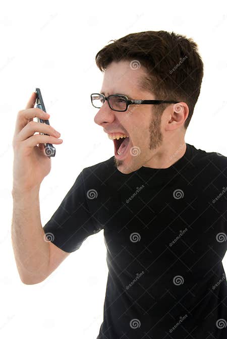 Man yelling into phone stock image. Image of grumpy, glasses - 9166367