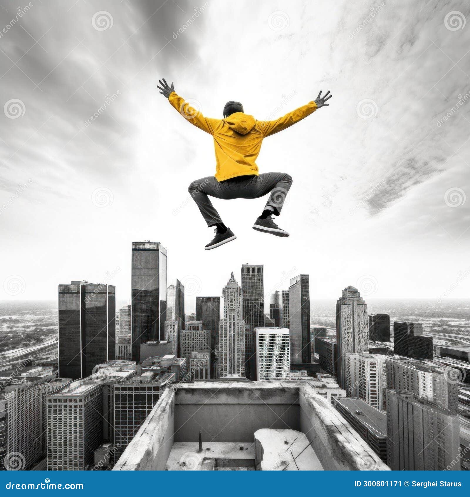 A Man in Yellow Jacket Jumping Off a Building into the Air, AI Stock ...