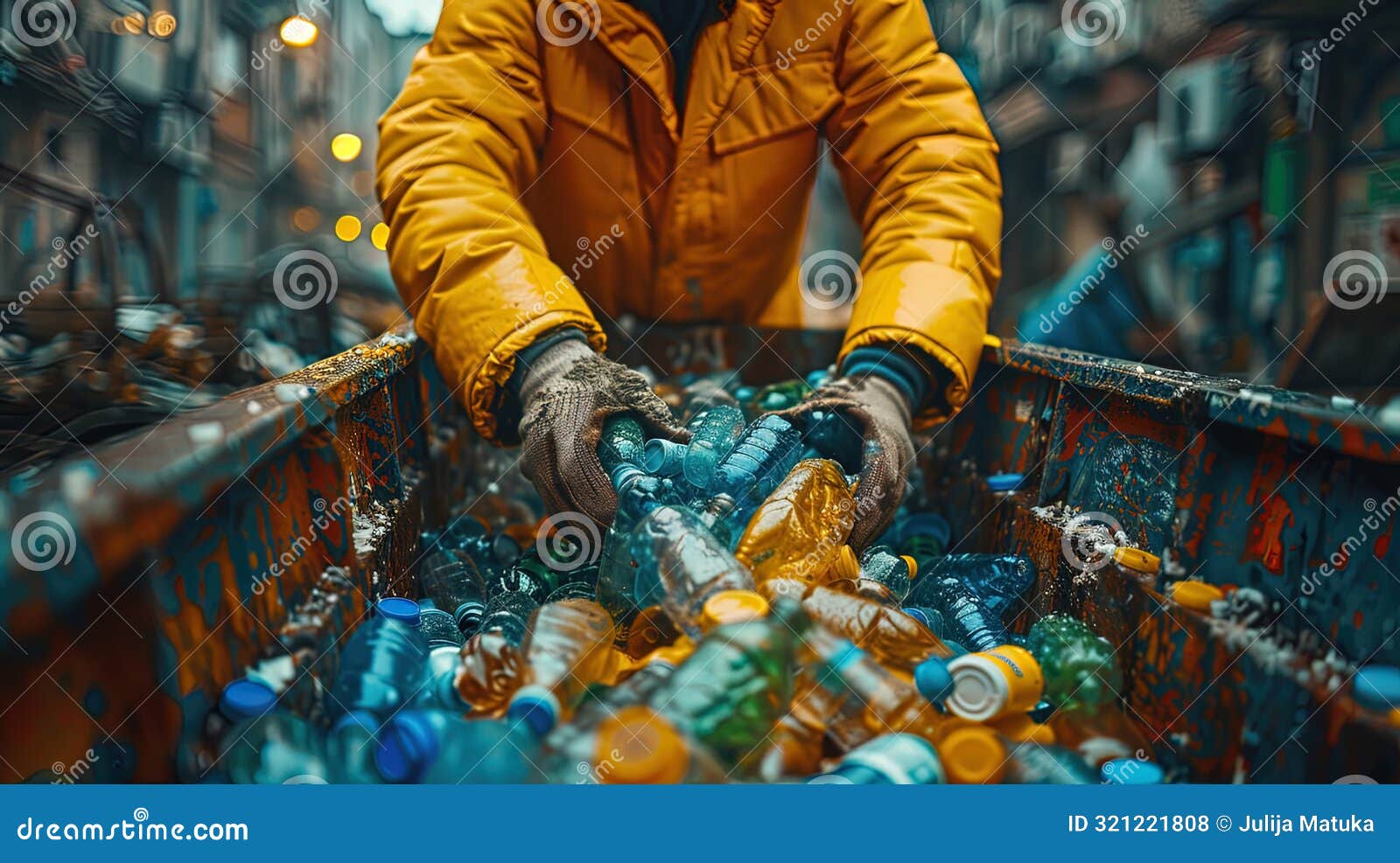 A Man in a Yellow Jacket is Sorting through a Pile of Plastic Bottles ...