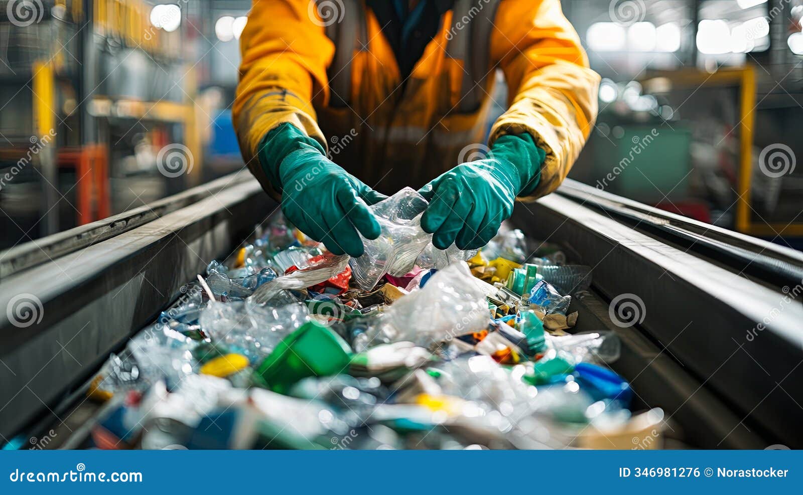 A Man in a Yellow Jacket is Sorting through a Pile of Plastic Bottles ...