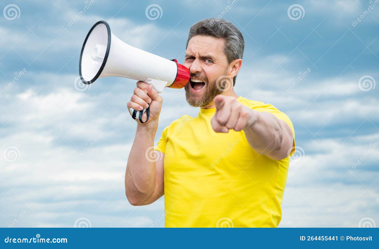 Man in Yellow Shirt Shout in Megaphone on Sky Background. Advertisement ...