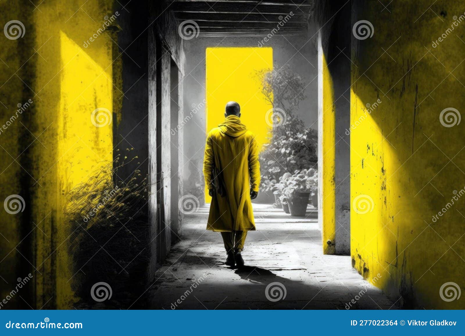 Man in Yellow Walking Away from a Grey Yellow Corridor. Generative AI ...
