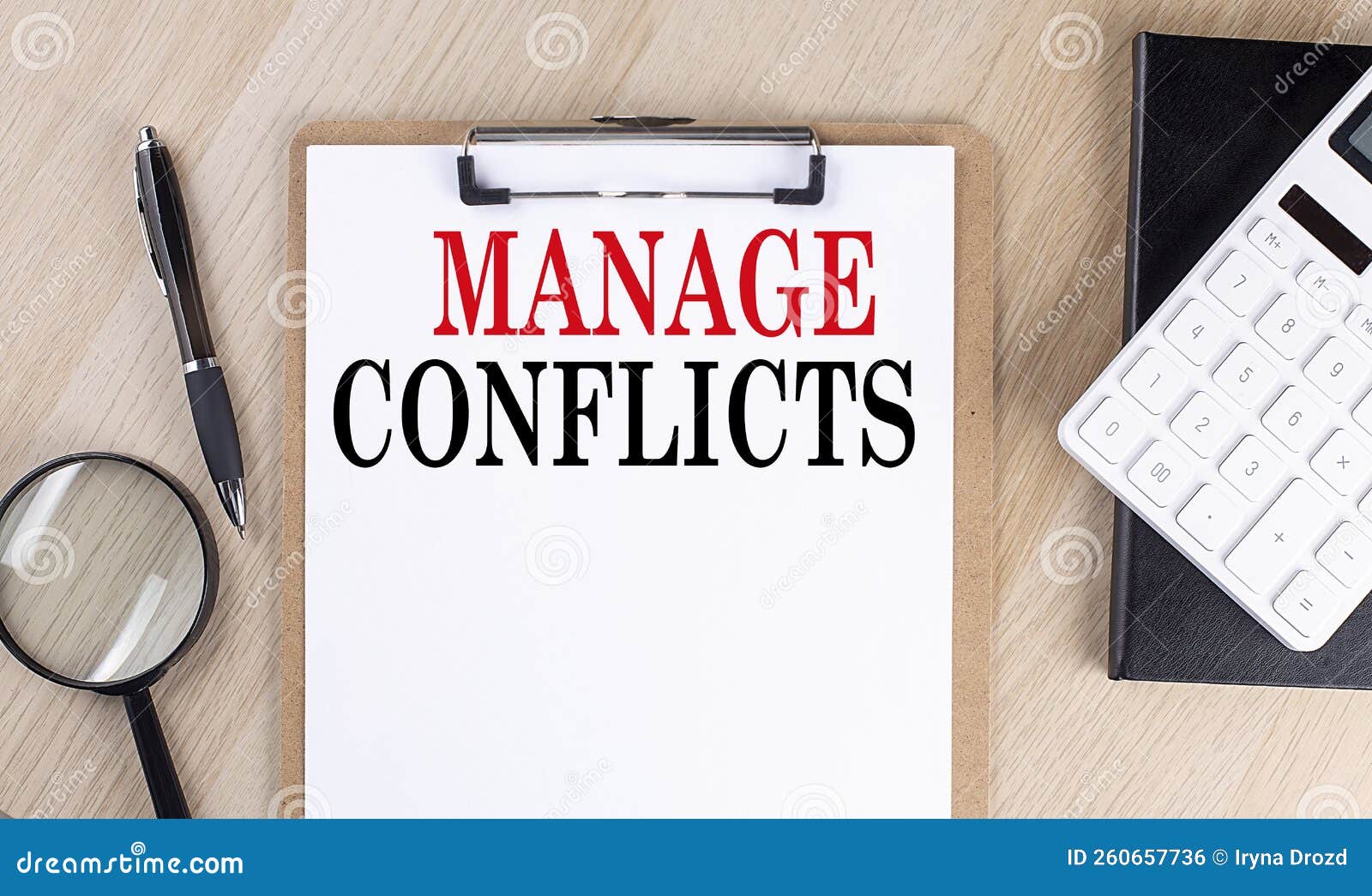 MANAGE CONFLICTS Text on a Clipboard on Wooden Background Stock Photo ...