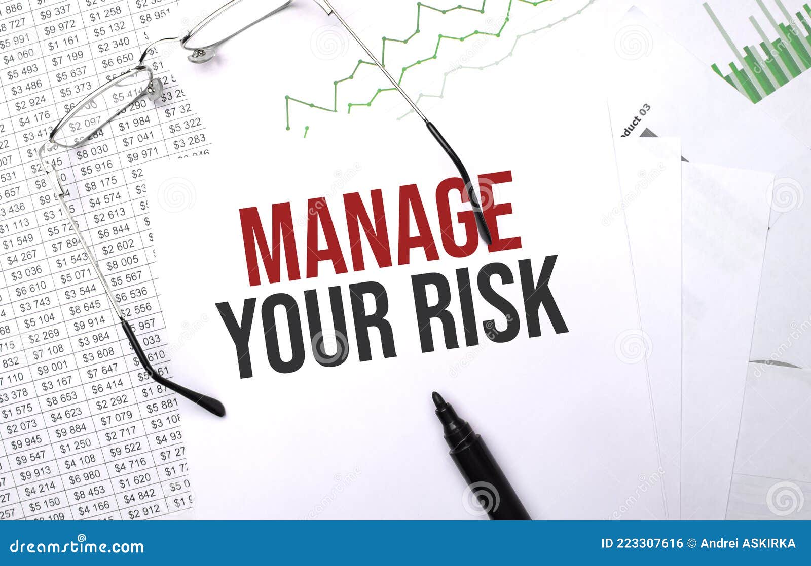 MANAGE YOUR RISK . Conceptual Background with Chart ,papers, Pen and ...