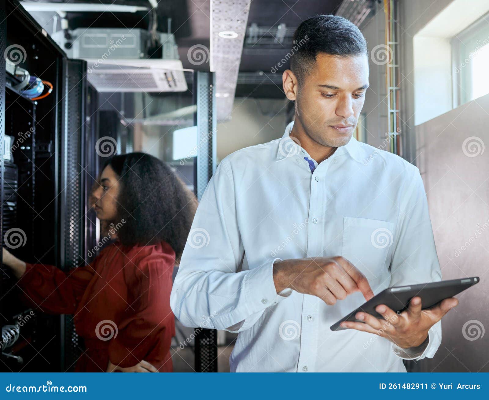 Management, Server Room and Tablet with Business People in Data Center ...