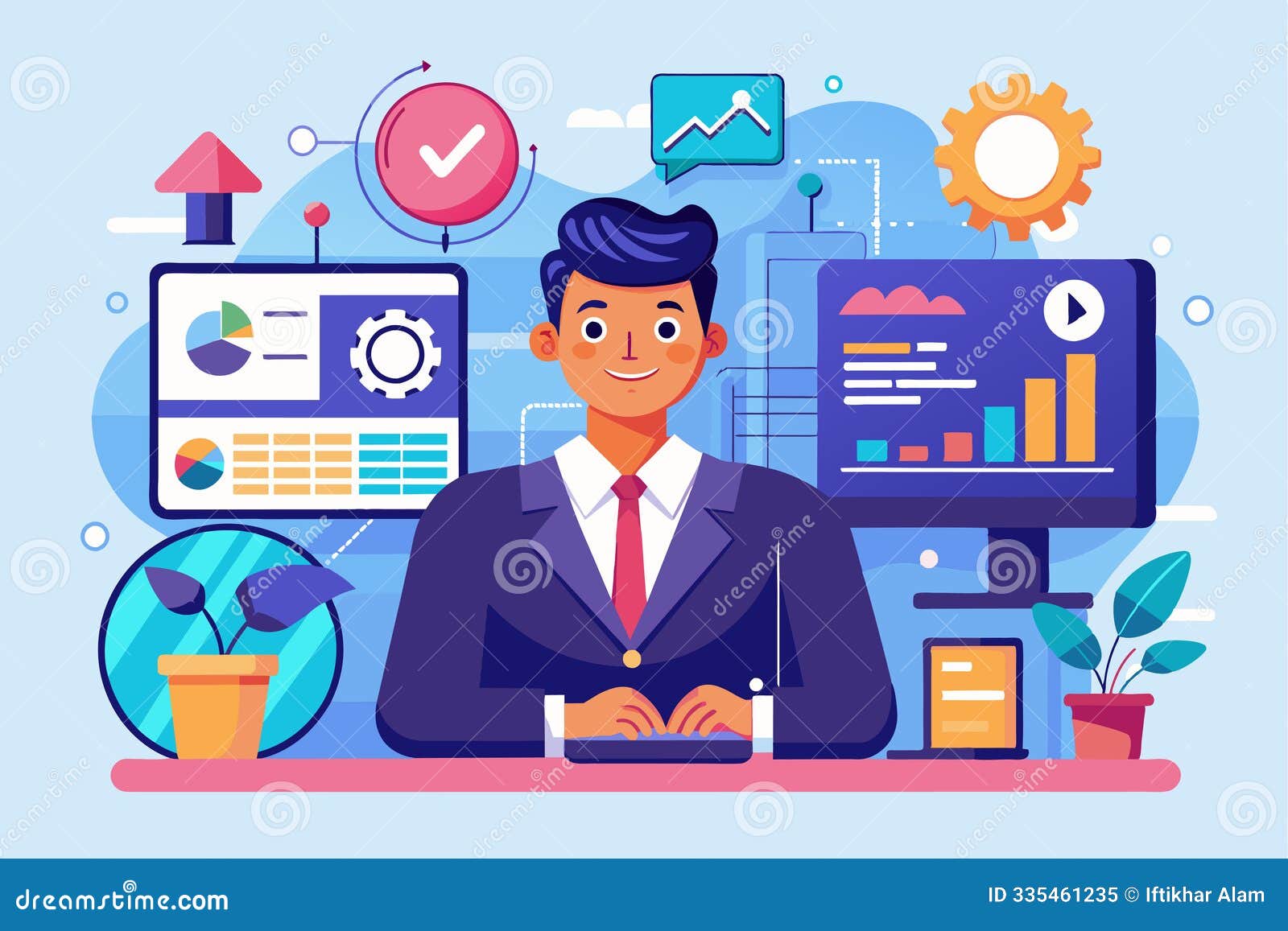 A Manager Analyzes Business Development Metrics on Dual Monitors with ...