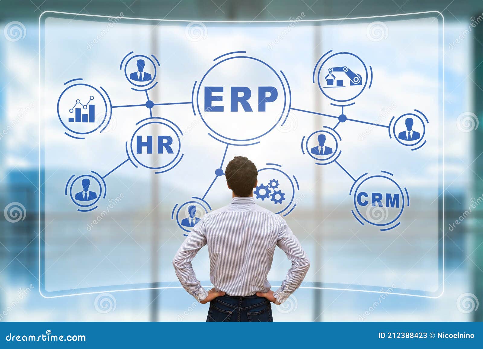 Manager Analyzing ERP on AR Screen, Connections, BI, HR, CRM Stock ...
