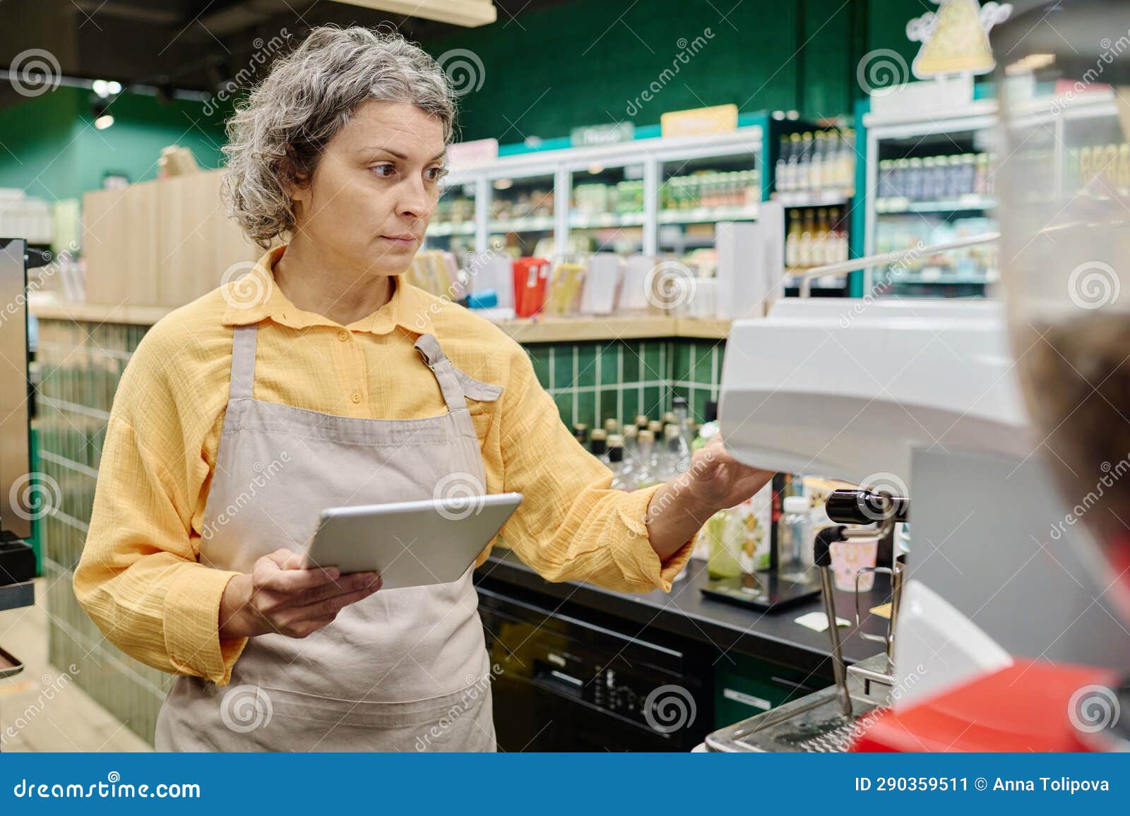 Manager Checking the Work of Coffee Machine Stock Image - Image of ...