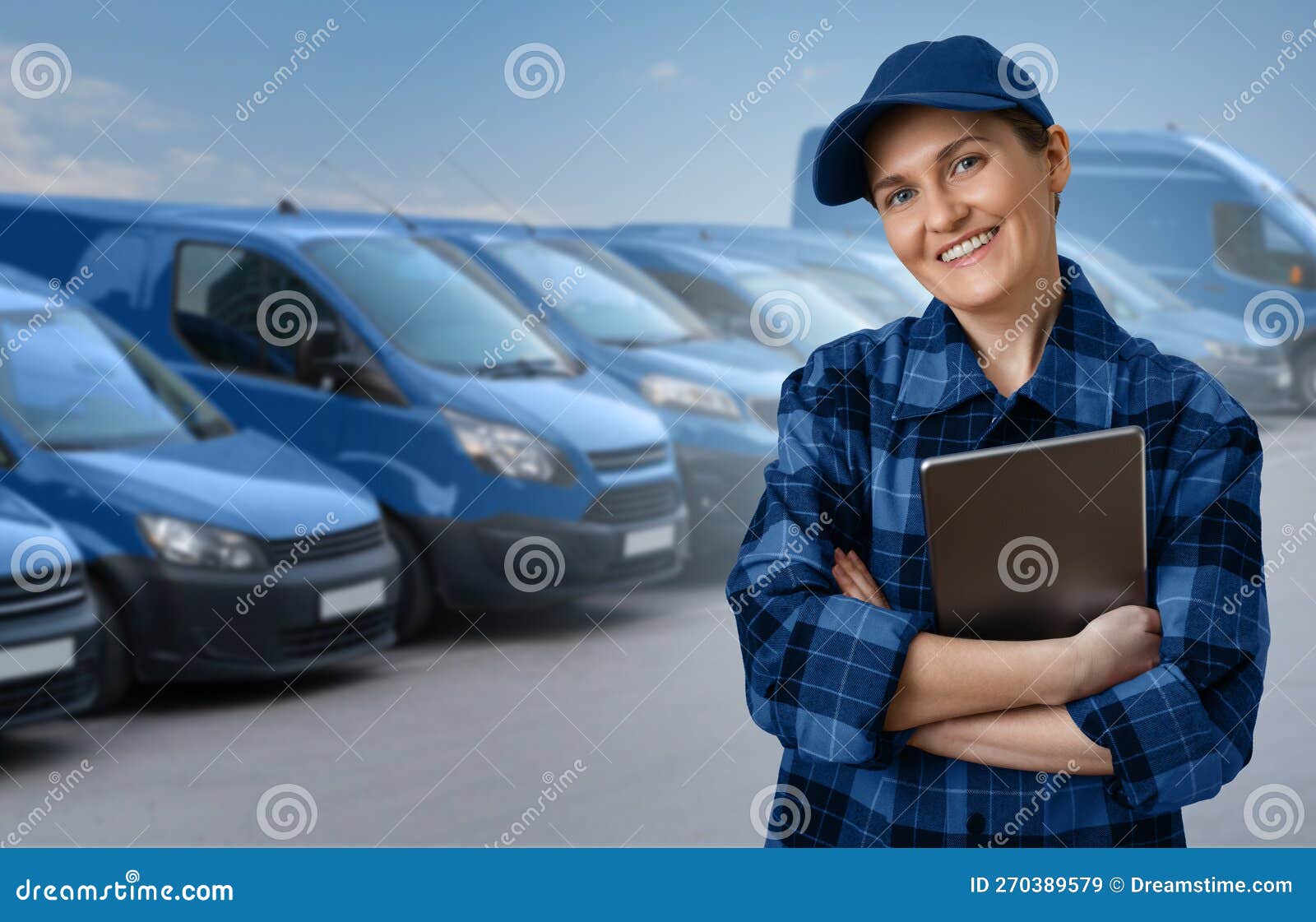 Manager with a Digital Tablet on the Background of Vans. Stock Image ...