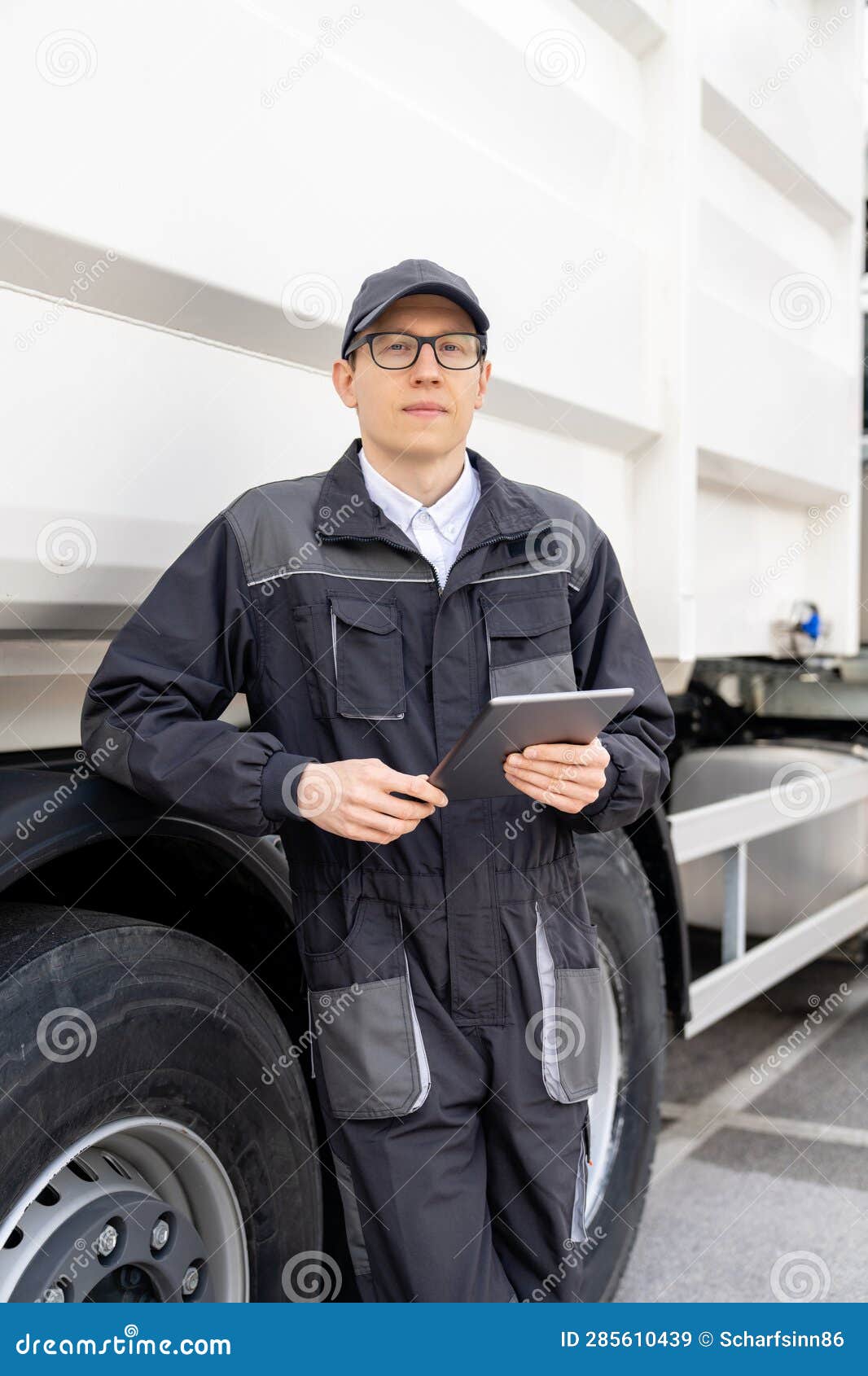 Manager with a Digital Tablet Next To Garbage Truck. Stock Image ...