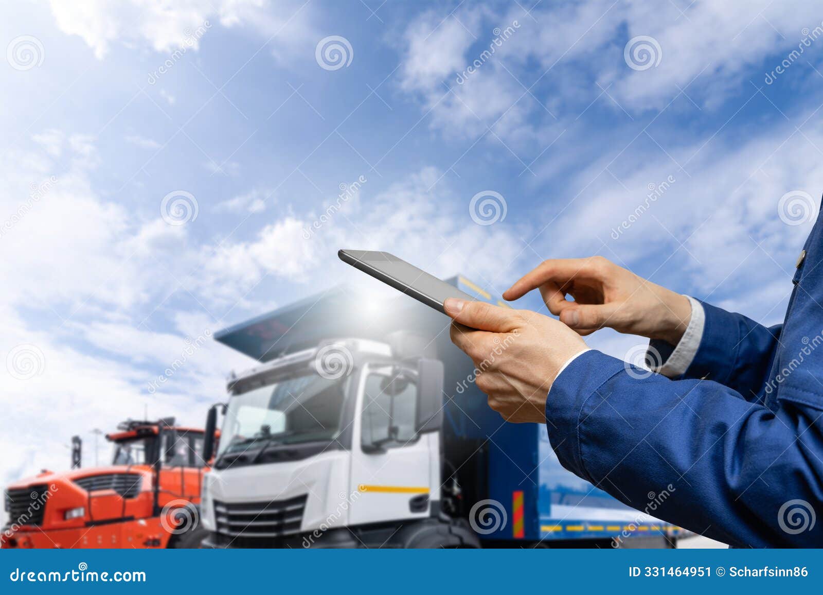 Manager with a Digital Tablet Next To Trucks. Fleet Management Stock ...