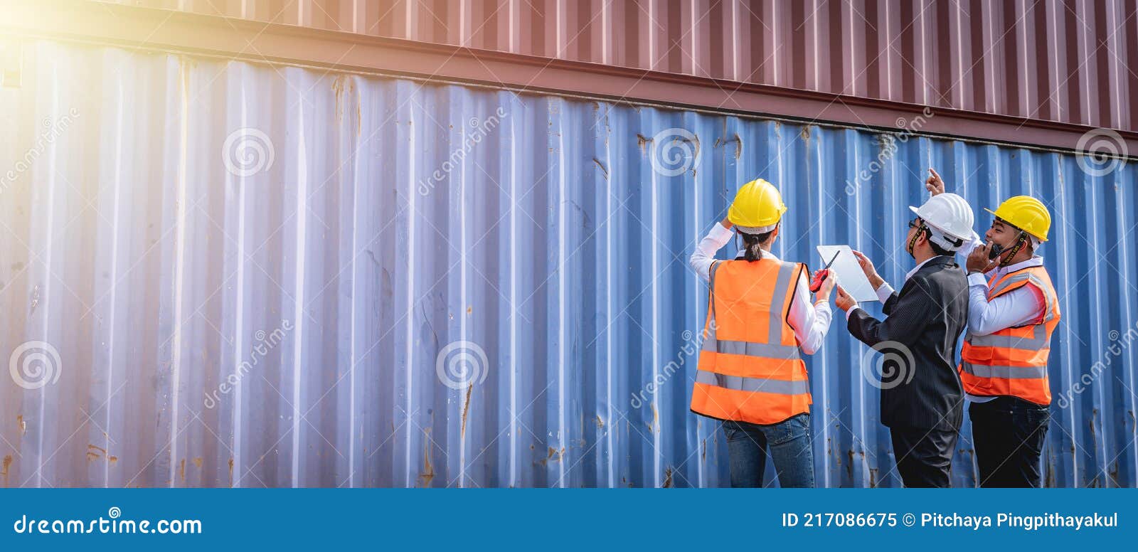 A Manager and Engineers Inspecting the Shipping Container. Stock Image ...