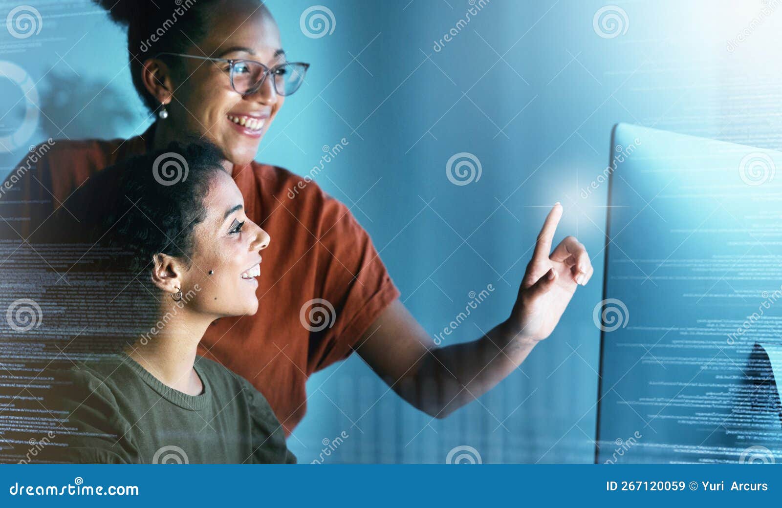 Manager Help Employee, Hologram and Programming with Computer, Cyber Security and Cloud ...