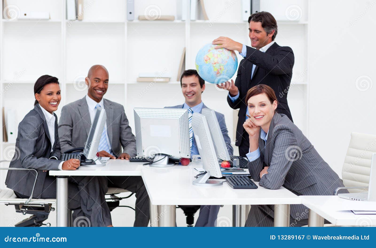 Manager Holding a Globe with His Team Stock Image - Image of global ...