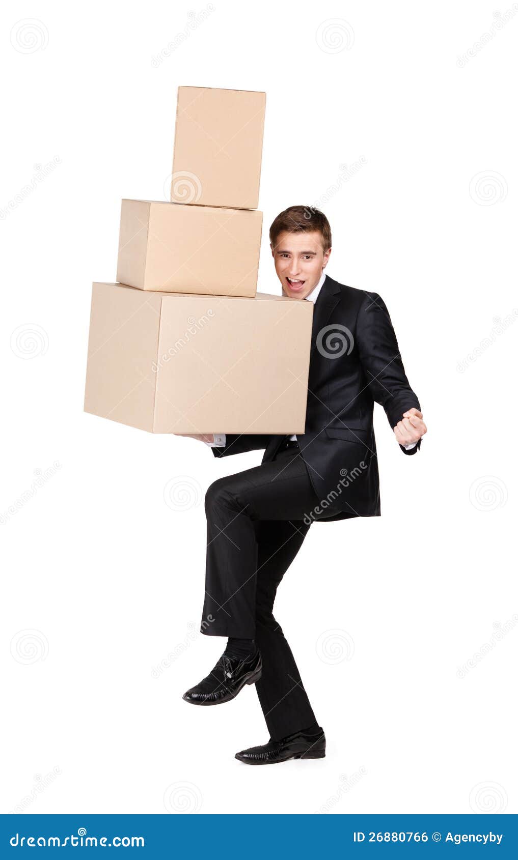 Manager Holding Pile of Cardboard Boxes Stock Photo - Image of hair ...