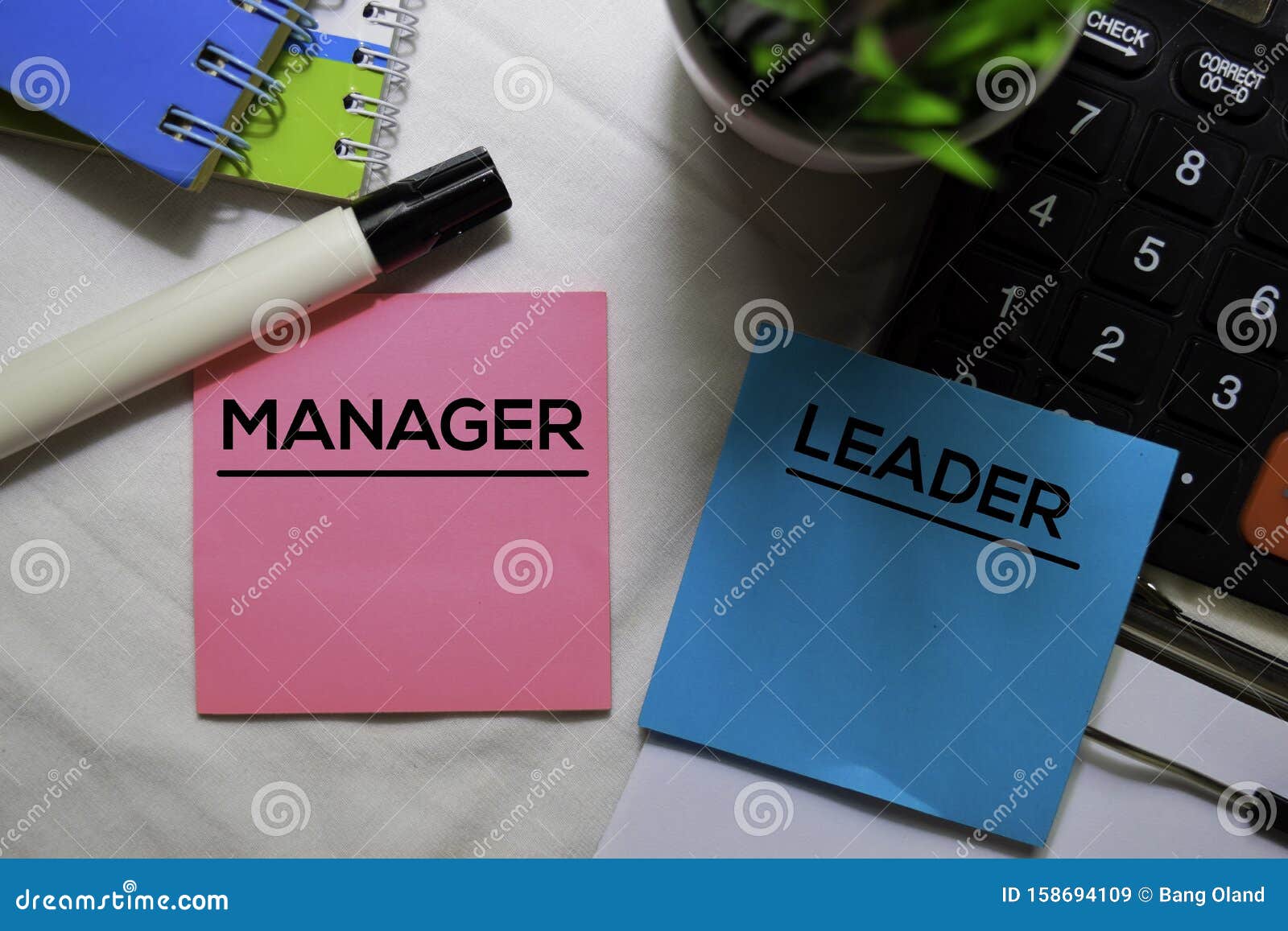Manager or Leader on Sticky Notes Isolated on Office Desk. Stock Image ...