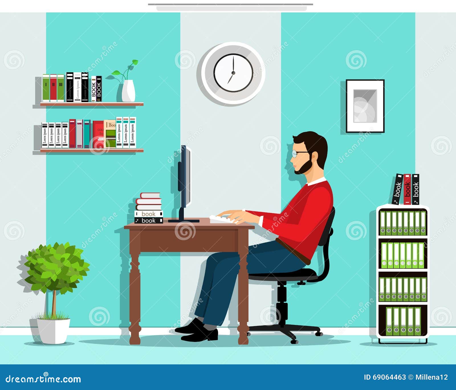 Manager in the Office. Vector Flat Style Set: Man Working in Office ...