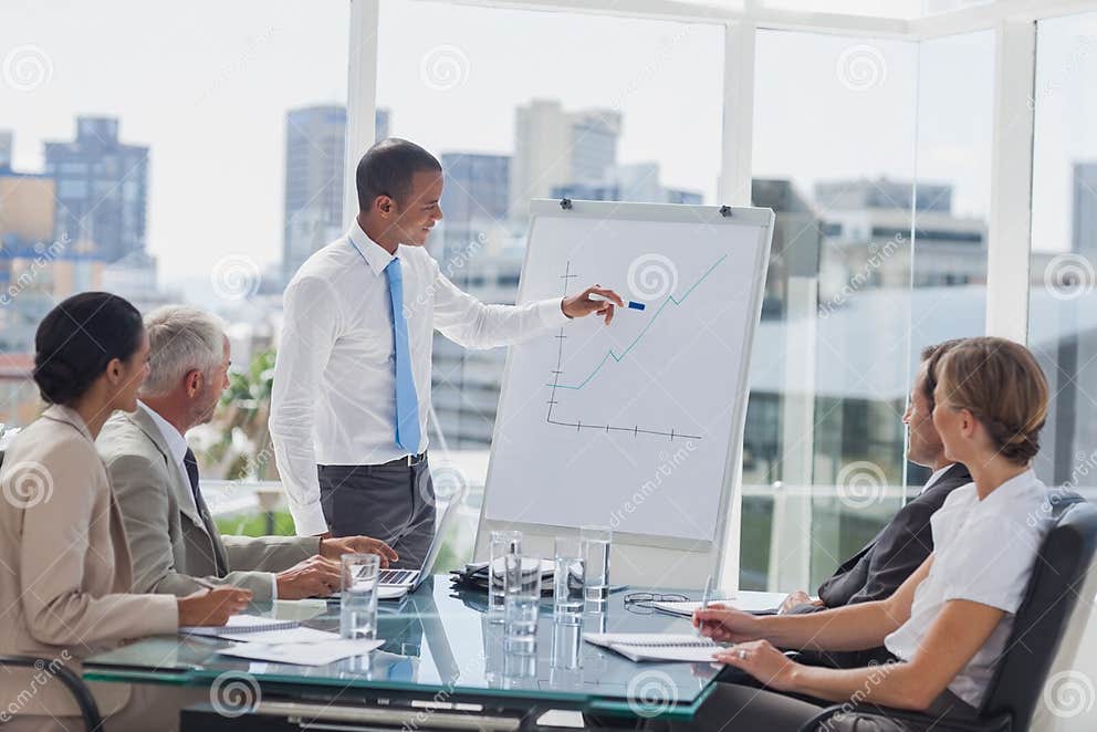 Manager Pointing at the Peak of a Chart during a Meeting Stock Image ...